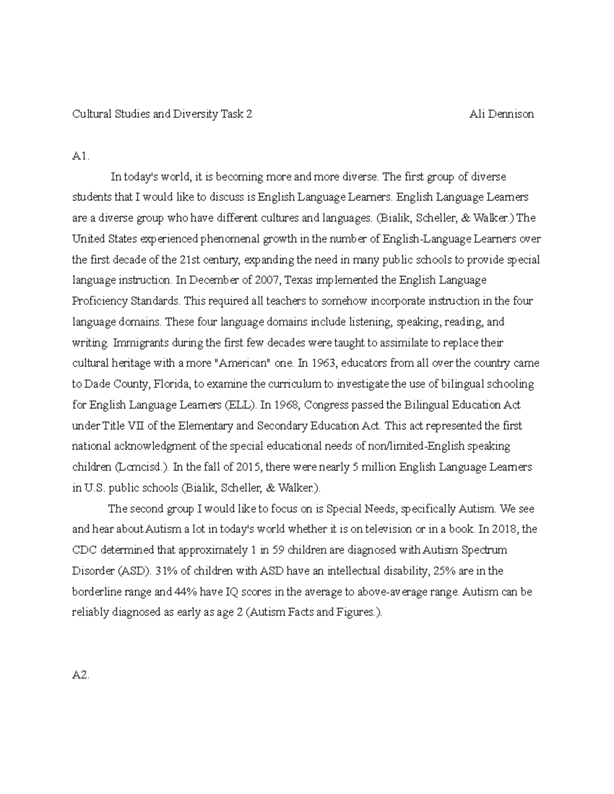 Task 2 - Task 2 - Cultural Studies and Diversity Task 2 Ali Dennison A1 ...