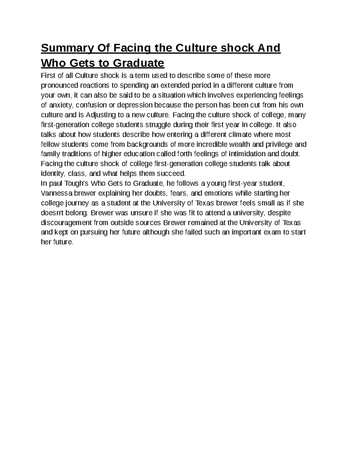 Essay two Summary of facing the culture shock and Who Gets to Graduate ...