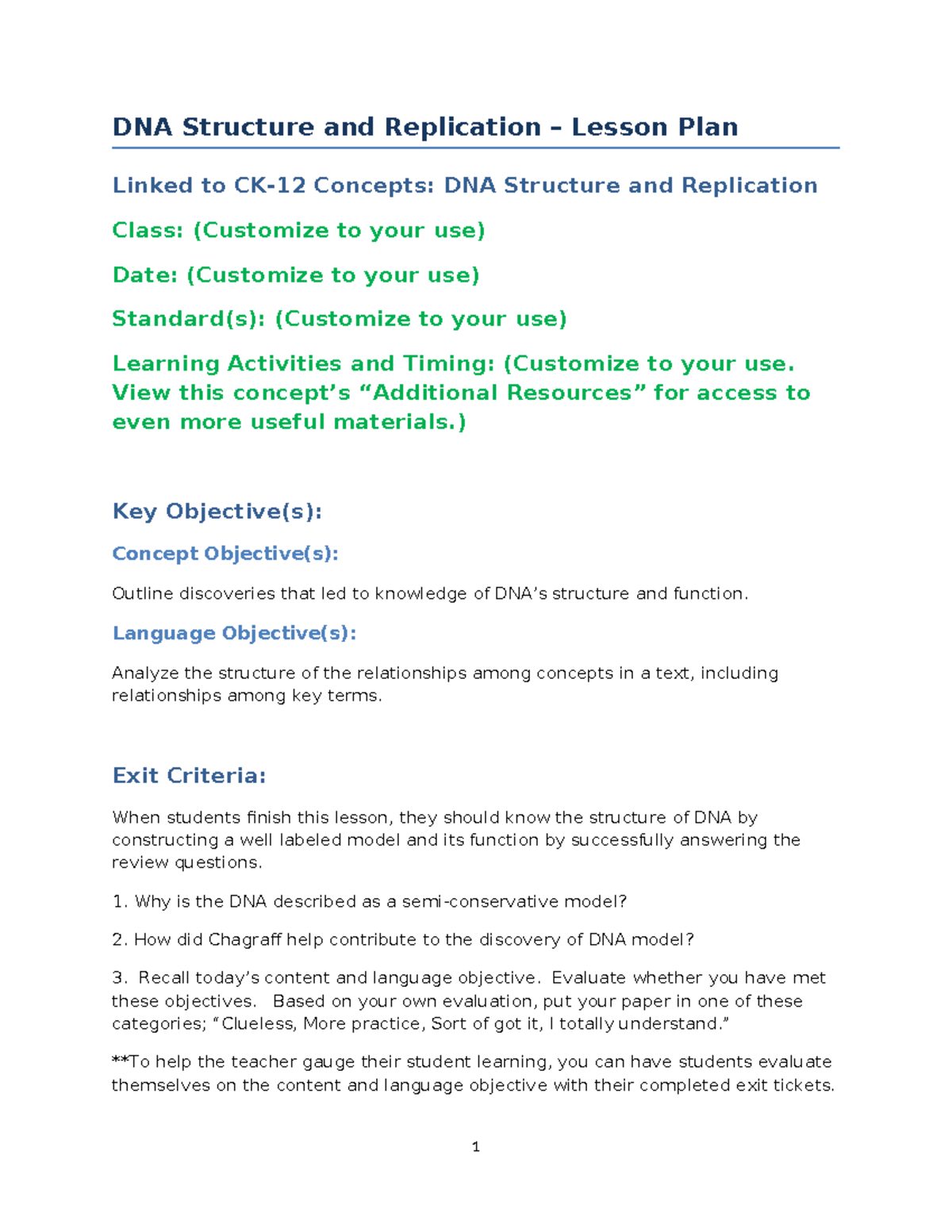DNAStructure Replication Lesson Plan - DNA Structure and Replication ...