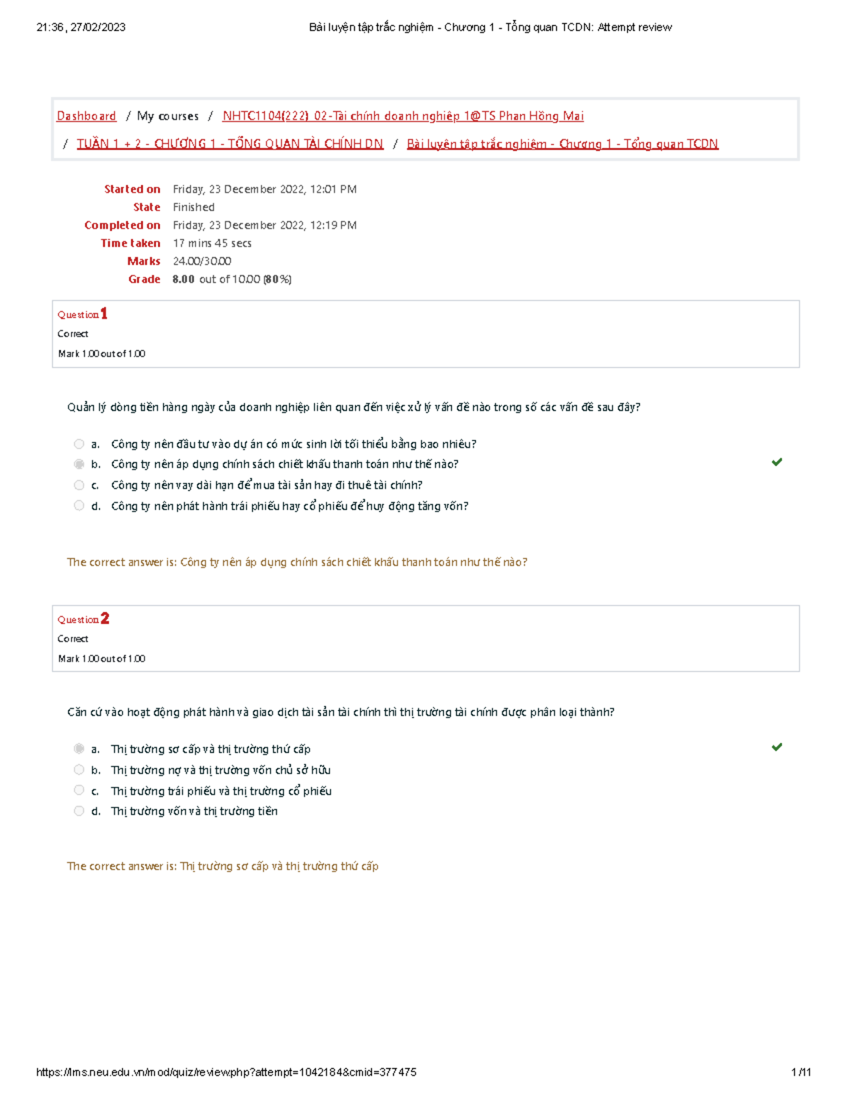 Bài luyện tập trắc nghiệm - Chương 1 - Tổng quan TCDN Attempt review ...