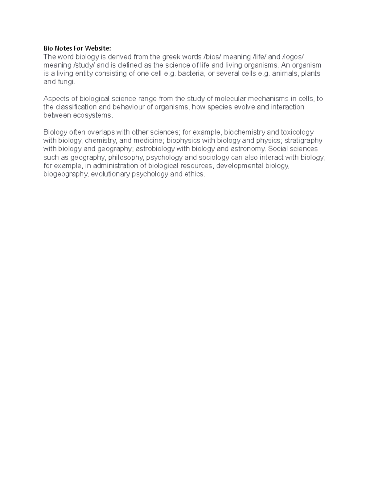 Bio Notes For Website - The word Biology - Bio Notes For Website: The ...