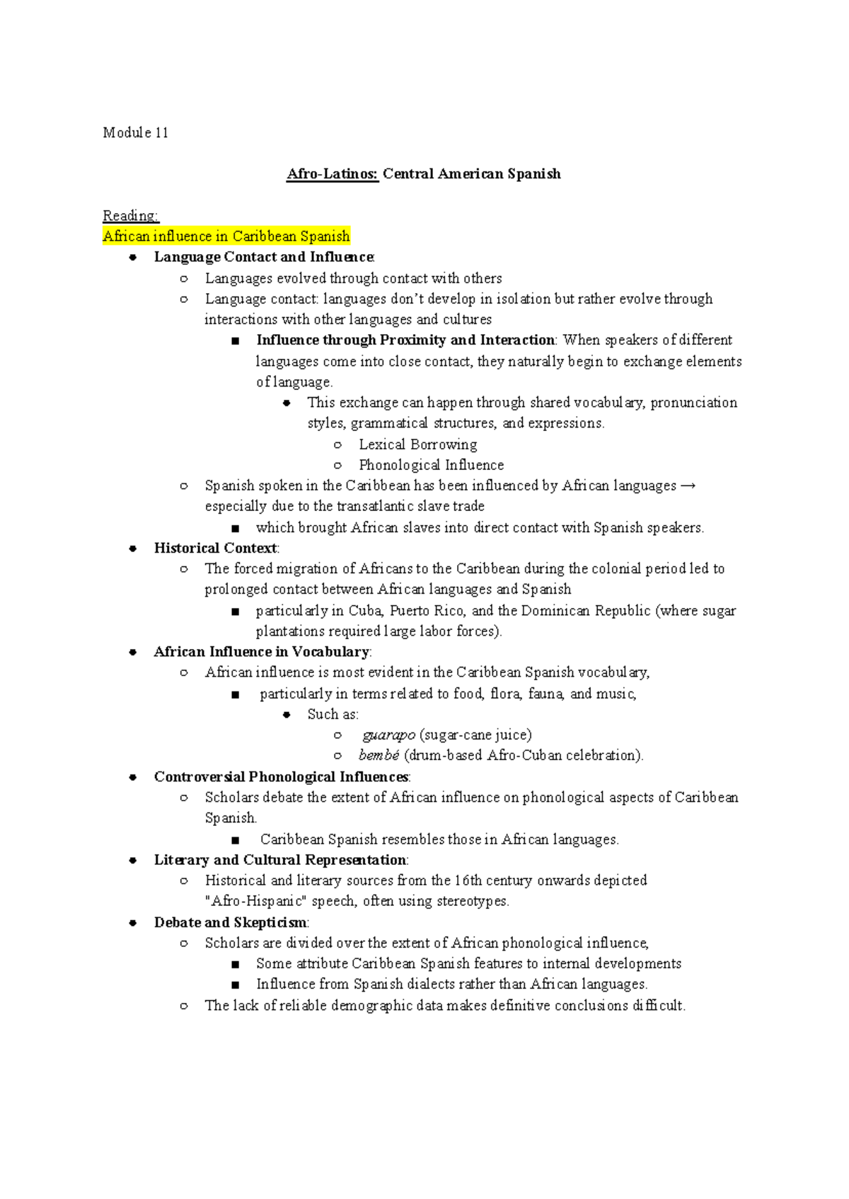 SPAN Ch 11 - Notes reading assigned - Module 11 Afro-Latinos: Central ...