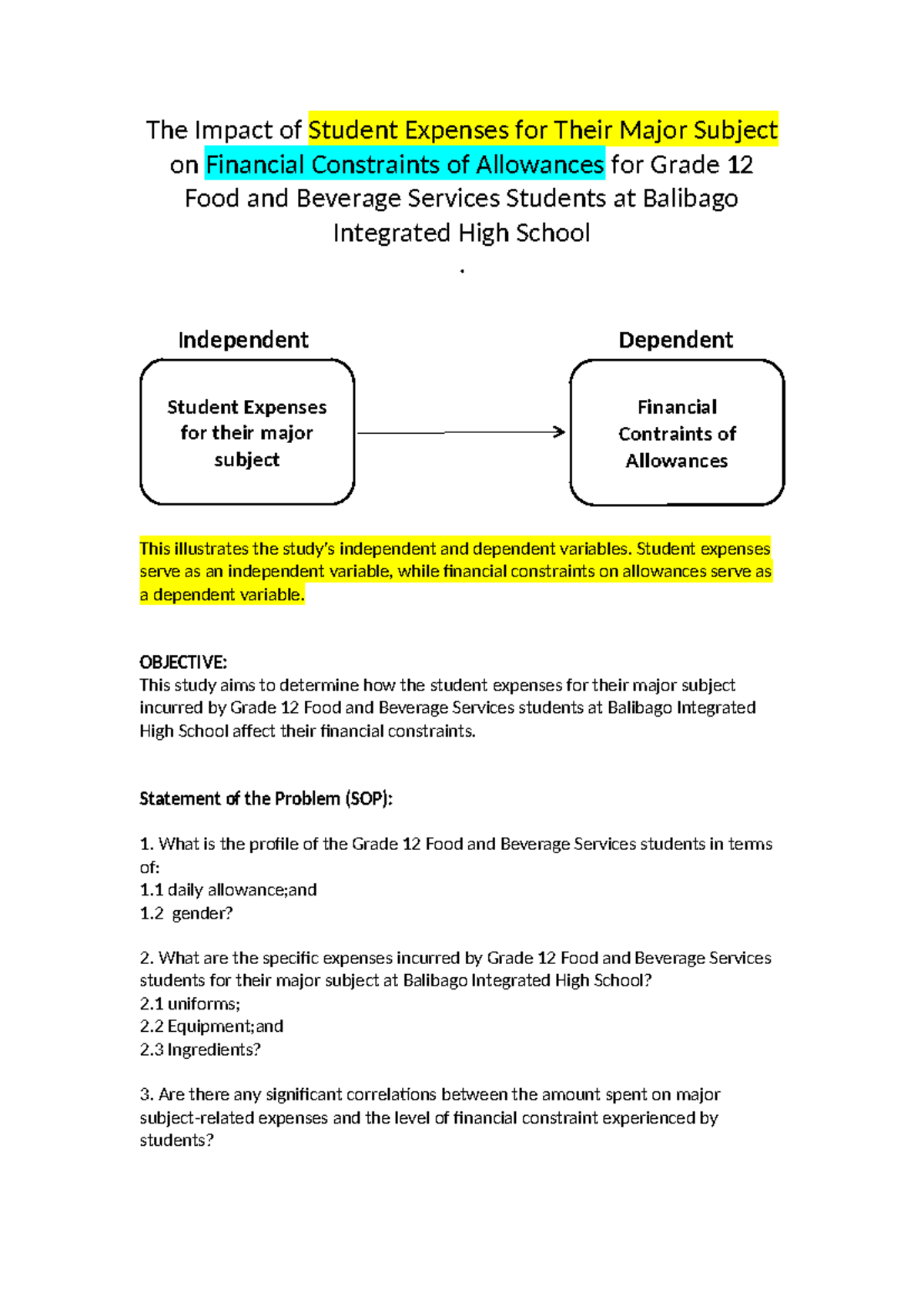 The Impact of Student Expenses for Their Major Sub - Independent ...