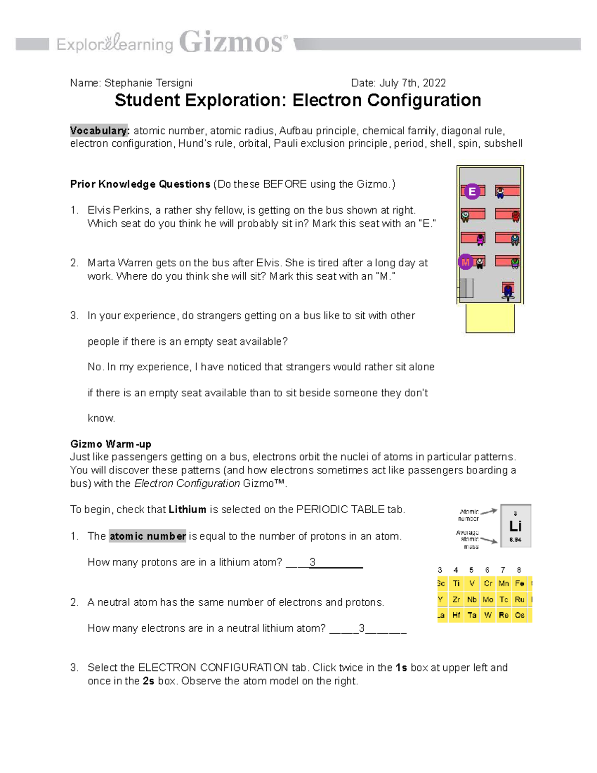 Gizmo Electron Configuration - Name: Stephanie Tersigni Date: July 7th ...