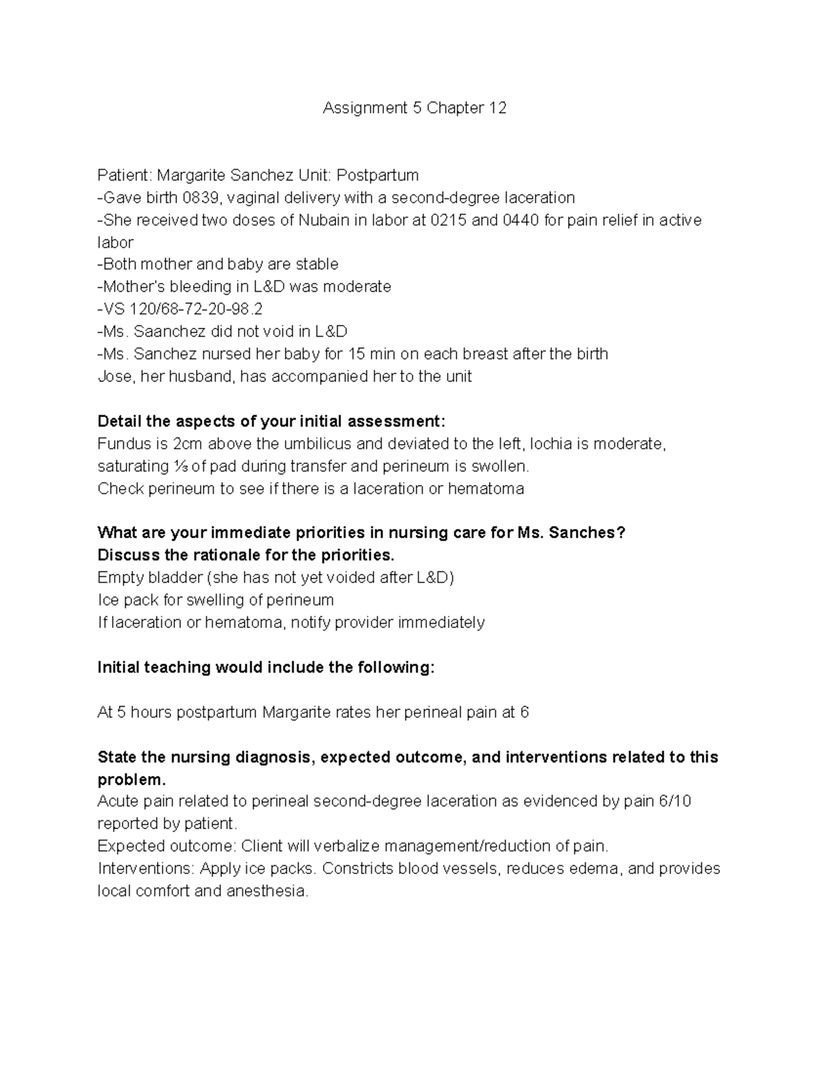 Assignment 5 Chapter 12 - Assignment 5 Chapter 12 Patient: Margarite ...