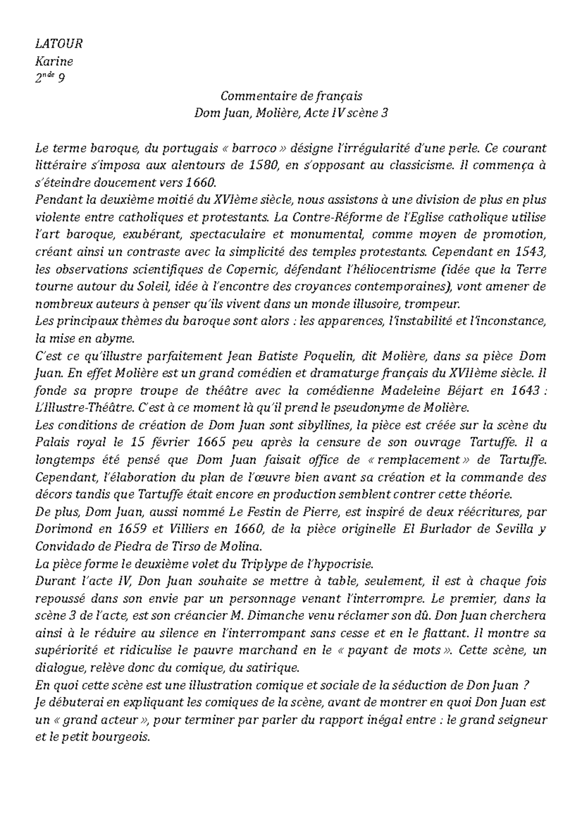 Commentaire de français Dom Juan - LATOUR Karine 2 nde 9 Commentaire de ...