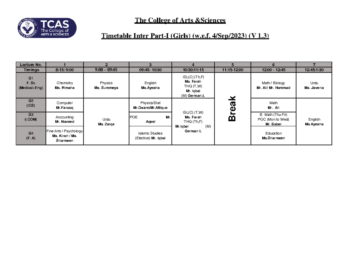 2. Final Timetable V 1 - time table format - Timetable Inter Part-I ...