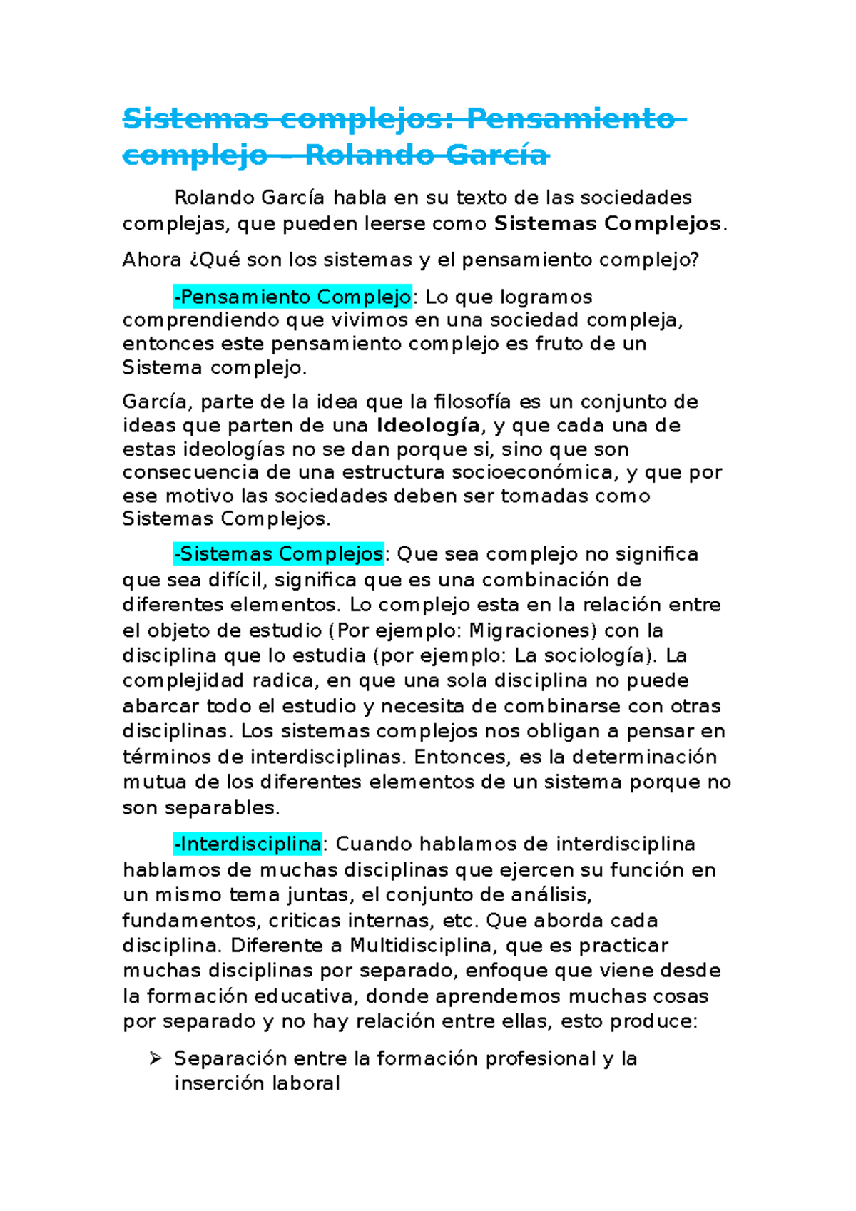 Resumen final psicosociales - Sistemas complejos: Pensamiento complejo – Rolando García Rolando ...