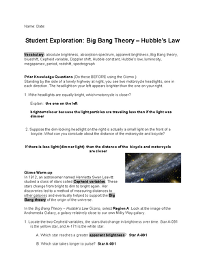 Big Bang Theory - Hubble's Law 0 - Name: Date: Student Exploration: Big ...
