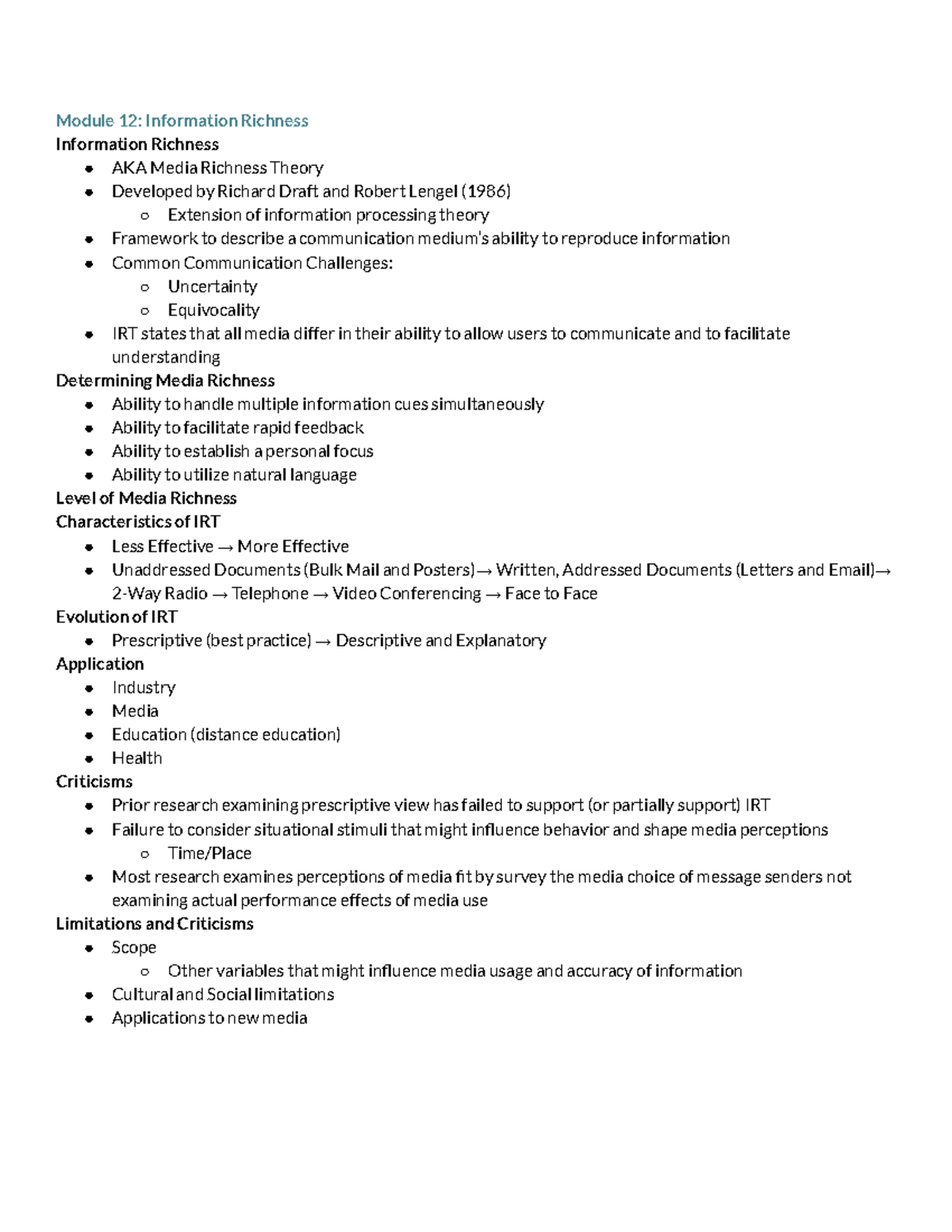 Module 12 Information Richness - Module 12: Information Richness Information Richness AKA Media ...