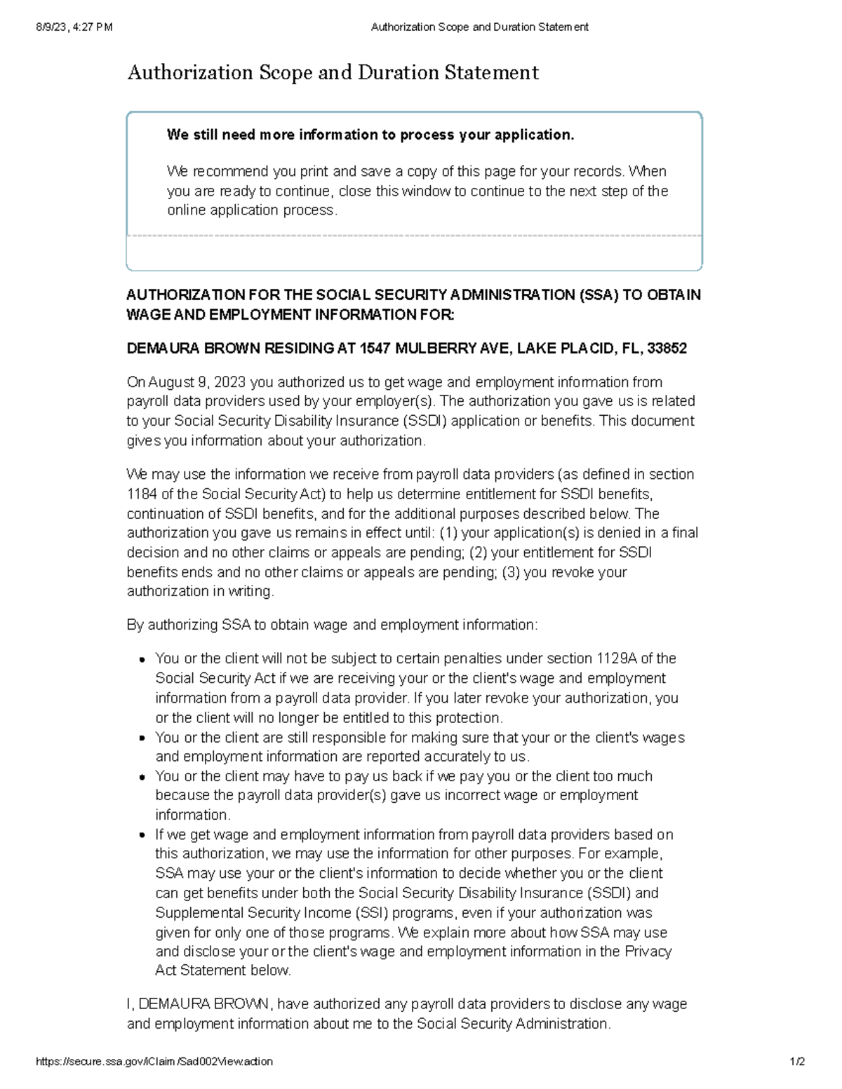 Authorization Scope and Duration Statement - ssa/iClaim/Sad002View.action 1/ Authorization Scope ...