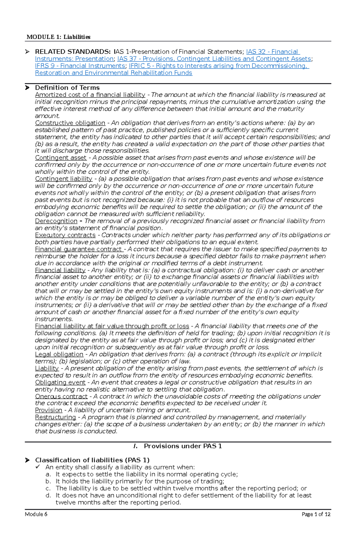 Module 1 Liabilities - Notes - MODULE 1: Liabilities RELATED STANDARDS ...