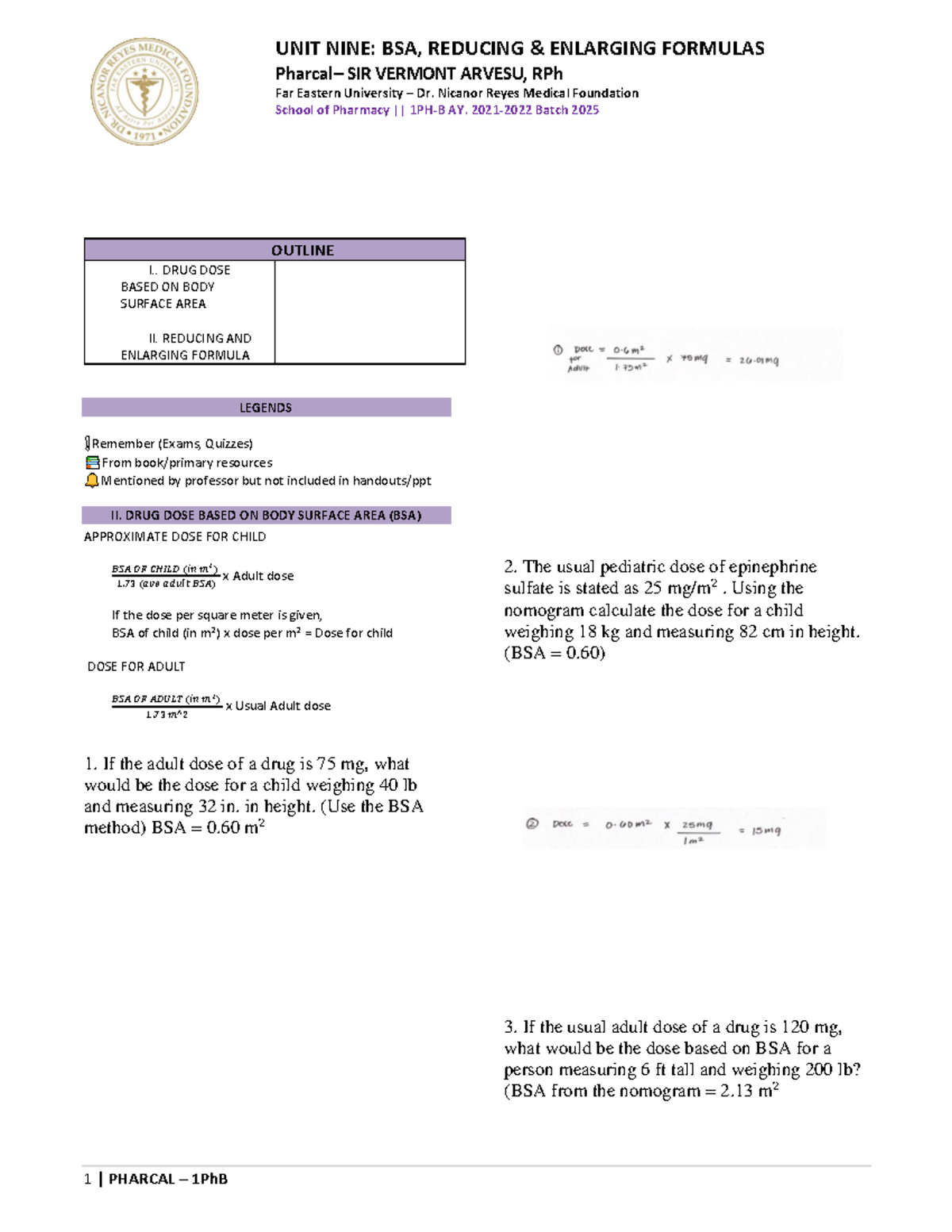 Unit 9 pharcal - UNIT NINE: BSA, REDUCING & ENLARGING FORMULAS Pharcal ...