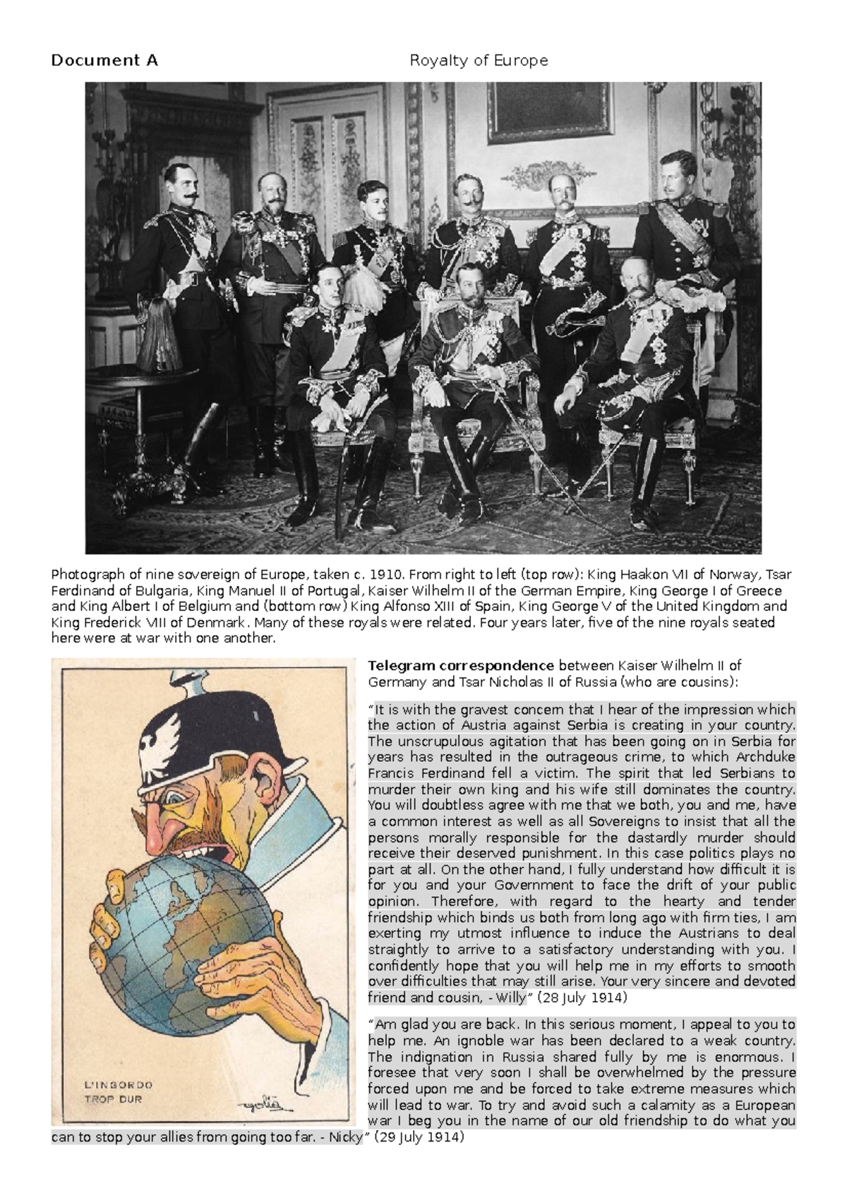 4.1 Causes of WWI (Source Analysis) - Document A Royalty of Europe ...