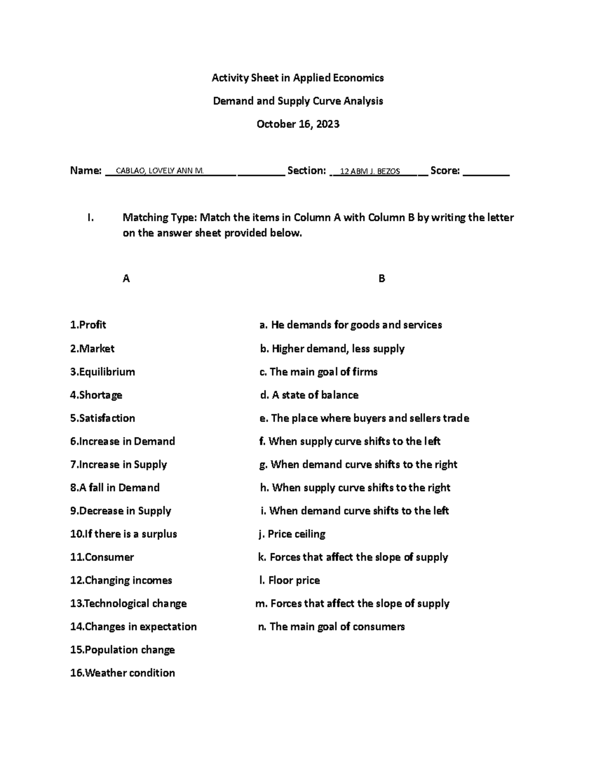 Activity Sheet in Applied Economics - Matching Type: Match the items in ...