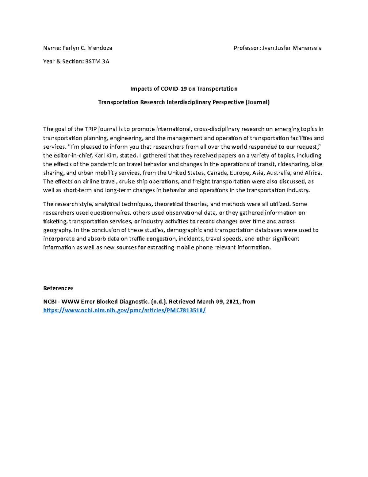 Journal FOR Transportation Mendoza BSTM 3A - Name: Ferlyn C. Mendoza ...