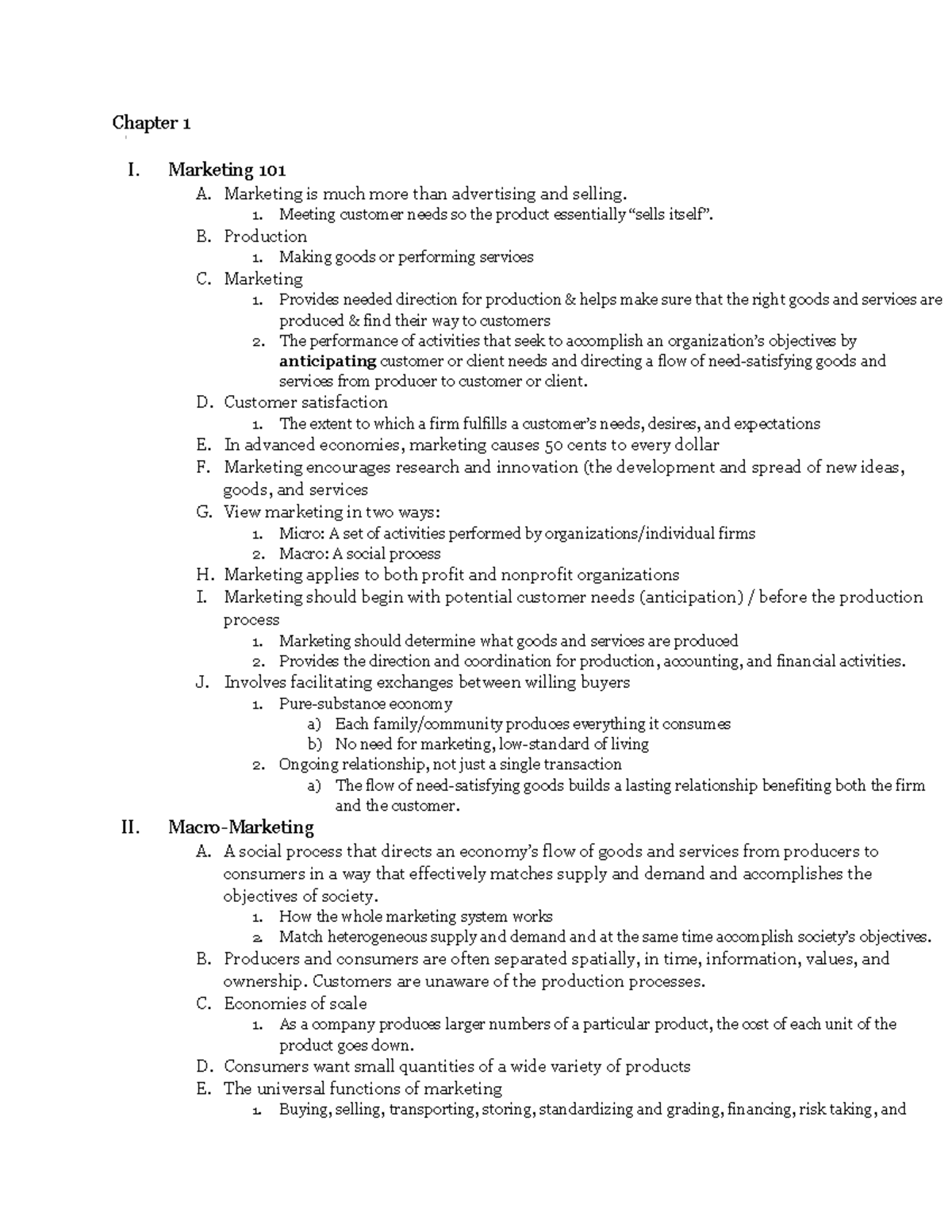 Marketing 300 Chapter 1 - Chapter 1 I. Marketing 101 A. Marketing is ...