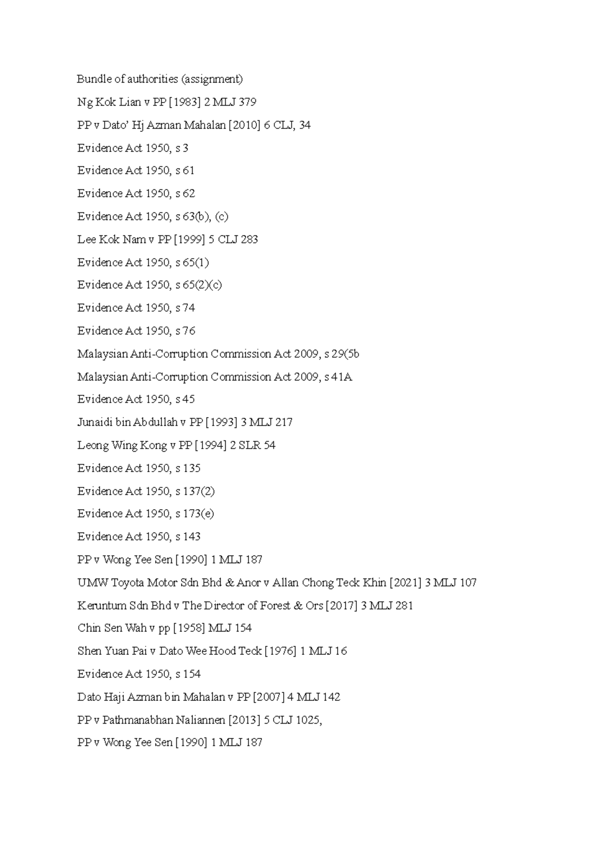 Bundle of authorities(assignment) - Law of Evidence II - MMU - Studocu