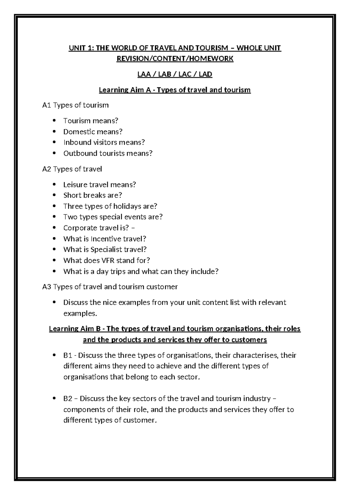 Unit 1 revision questions whole unit - UNIT 1: THE WORLD OF TRAVEL AND ...