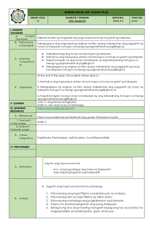 ESP 10 Week 1-2 - ESP-10 - SEMI-DETAILED ESP LESSON PLAN GRADE LEVEL 10 QUARTER / DOMAIN FIRST ...