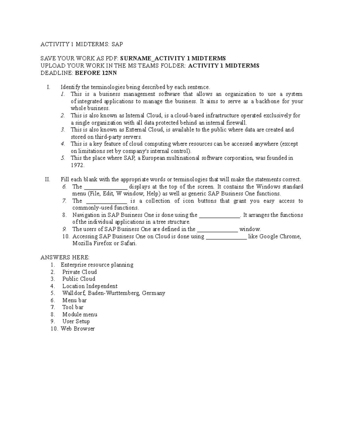 Activity 1 Midterms- SAP Business assignment - ACTIVITY 1 MIDTERMS: SAP ...