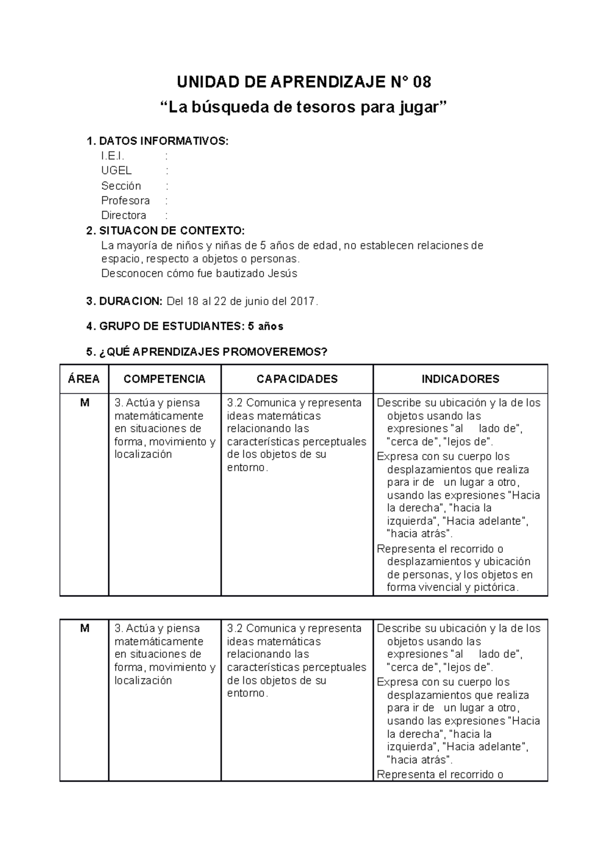seciones - UNIDAD DE APRENDIZAJE N° 08 “La búsqueda de tesoros para ...