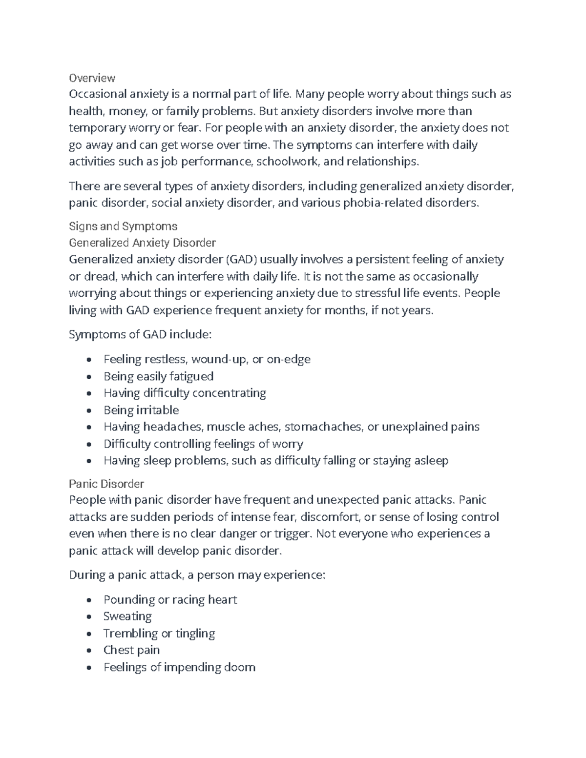 Anxiety Disorder Notes - Overview Occasional anxiety is a normal part ...