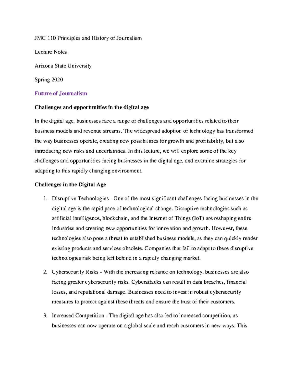 JMC 110 Lecture Notes 6-Future of Journalism - JMC 110 Principles and ...