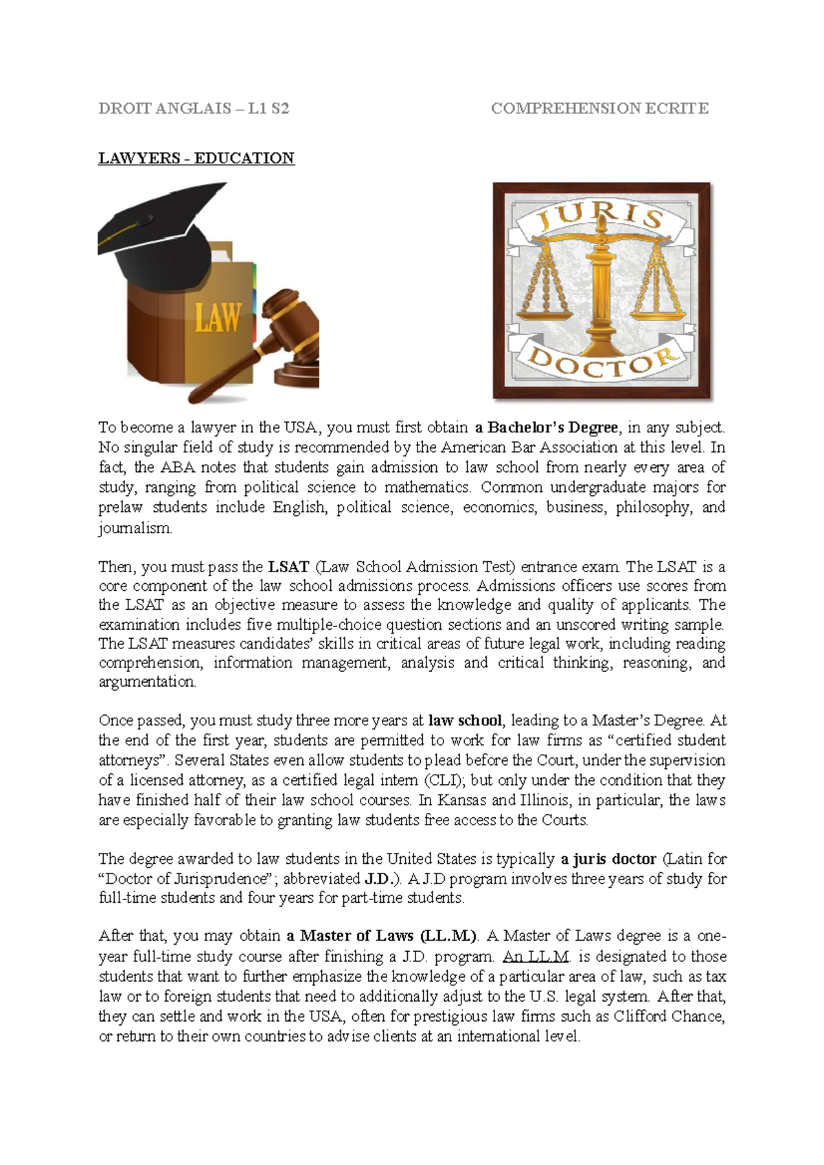 S1-How to become a lawyer-TEXT - DROIT ANGLAIS – L1 S2 COMPREHENSION ...