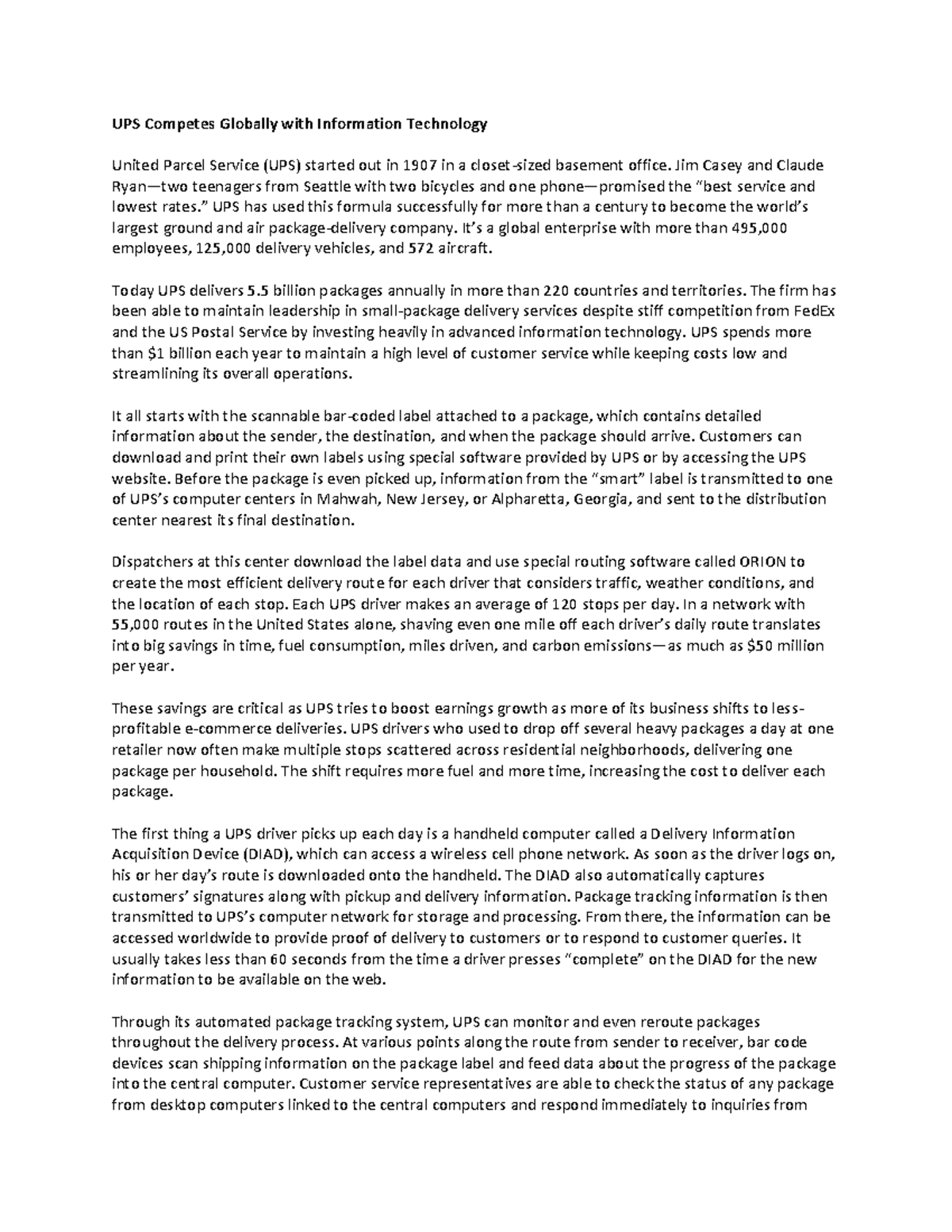 Case 1 - UPS Competes Globally with Information Technology - UPS ...