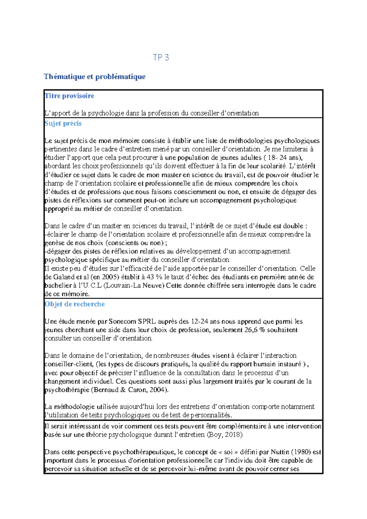 TP 3 corrigé - TP3 - TP 3 Thé matique et problé matique Titre provisoire L’apport de la - Studocu