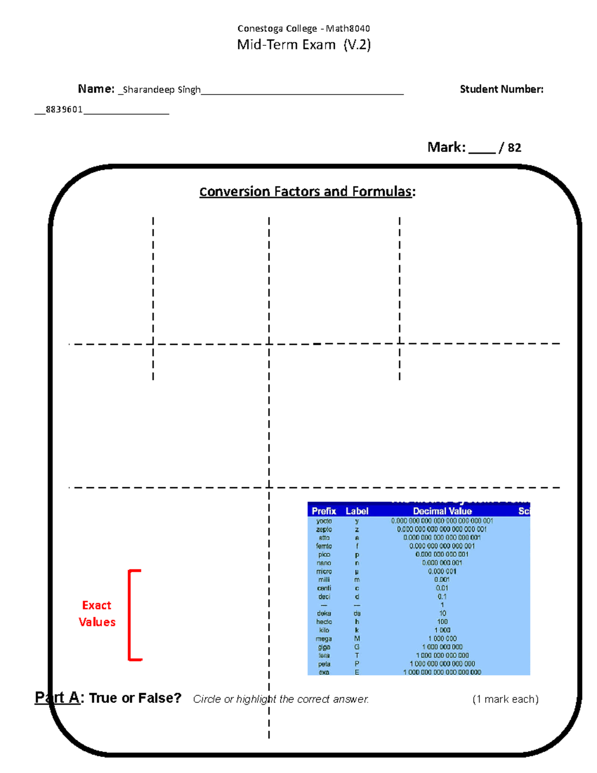 Math 8040 Midterm Exam Version a Nswers - Conestoga College - Math Mid ...