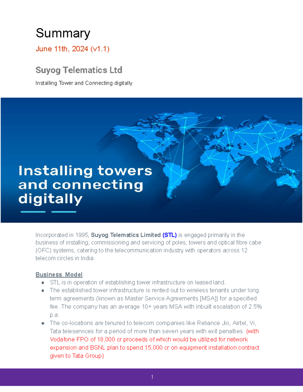 Suyog Tele v1.1- research report - Summary June 11th, 2024 (v1) Suyog Telematics Ltd Installing ...