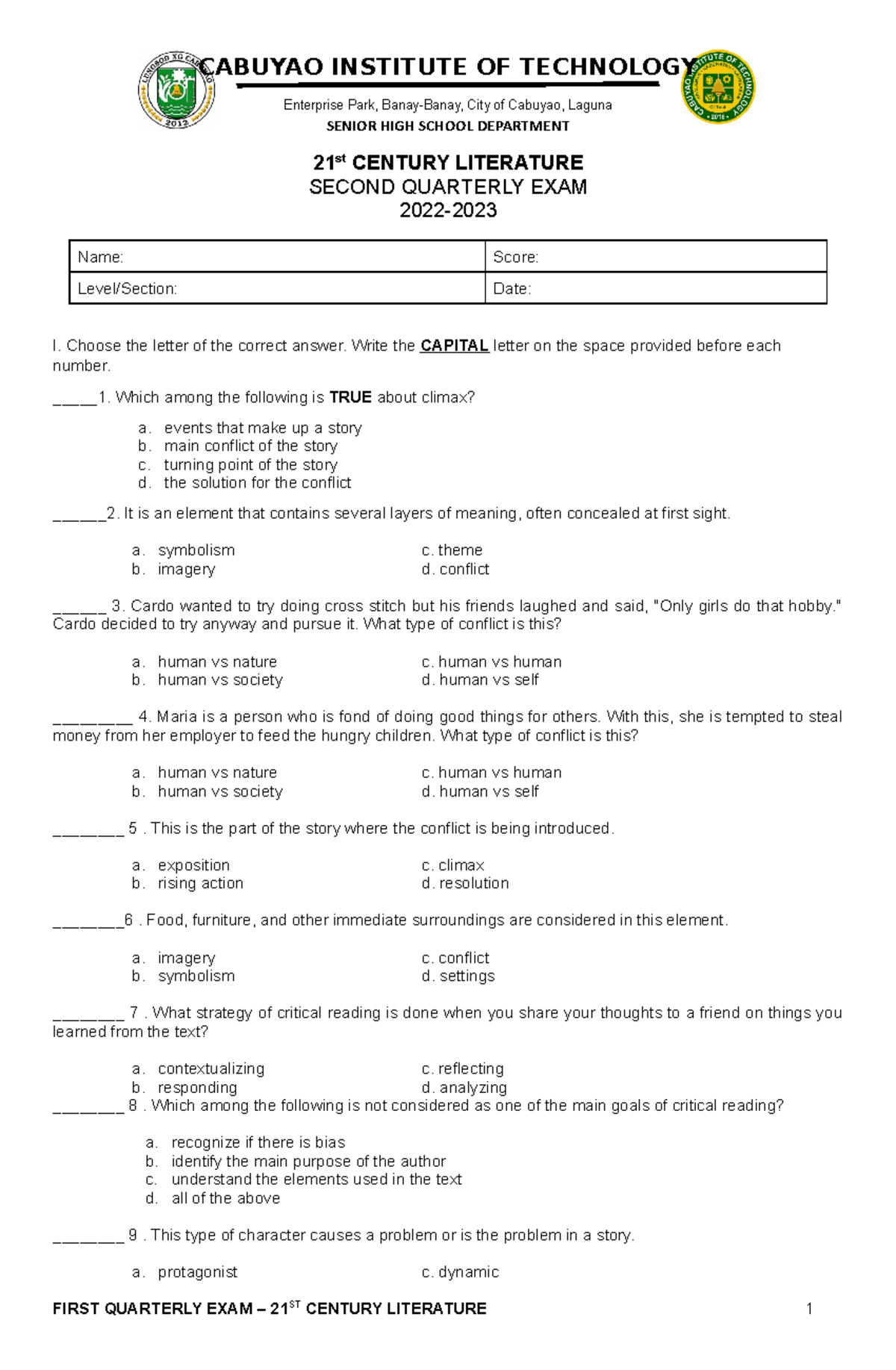 21st century exam 2nd QT - Enterprise Park, Banay-Banay, City of Cabuyao, Laguna 21 st CENTURY ...