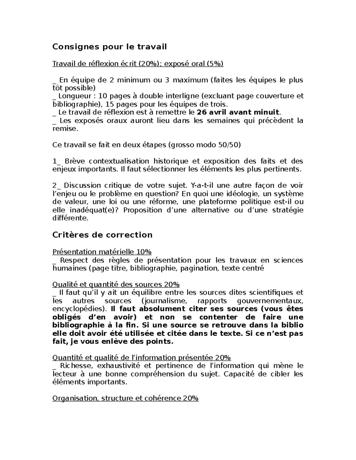 Consignes pour le travail de reflexion et lexpose - Consignes pour le ...