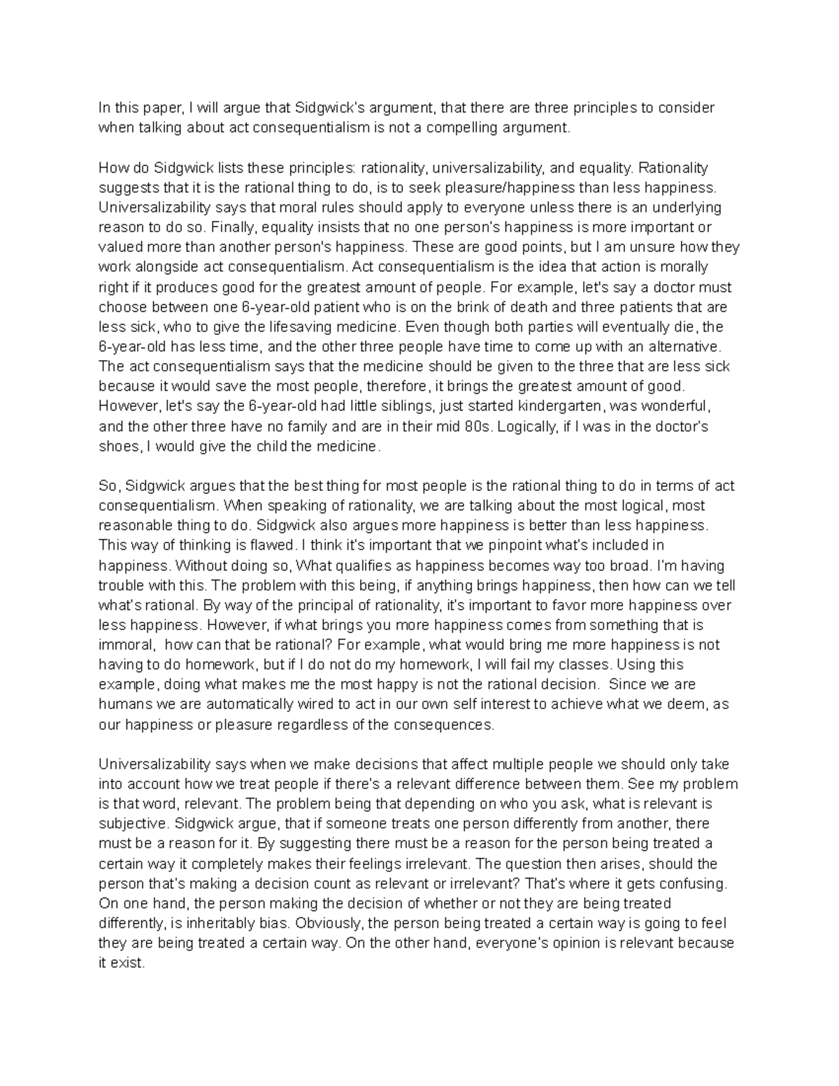 Unit response - In this paper, I will argue that Sidgwick’s argument ...