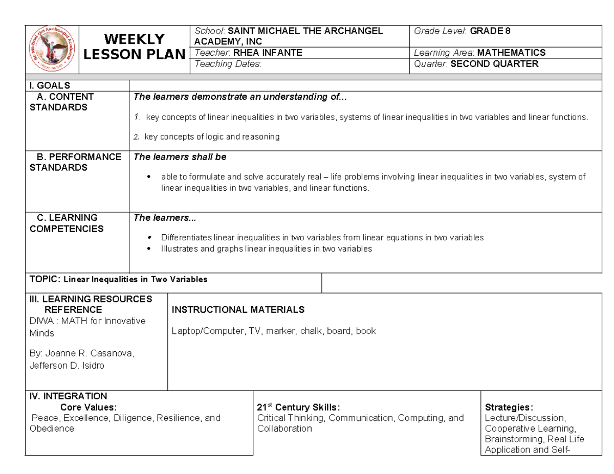 MATH 8 - LP Systems Inequal - WEEKLY LESSON PLAN School: SAINT MICHAEL ...
