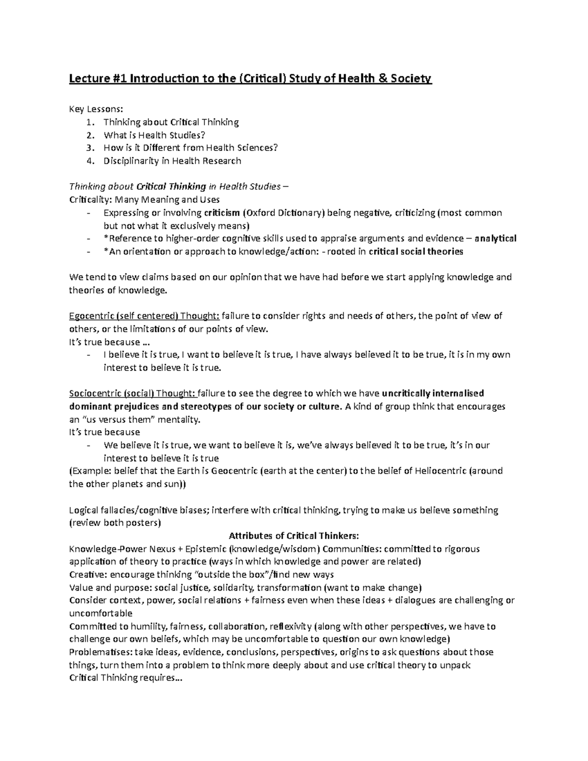 Health Studies Lecture Notes - Lecture #1 Introduction to the (Critical ...