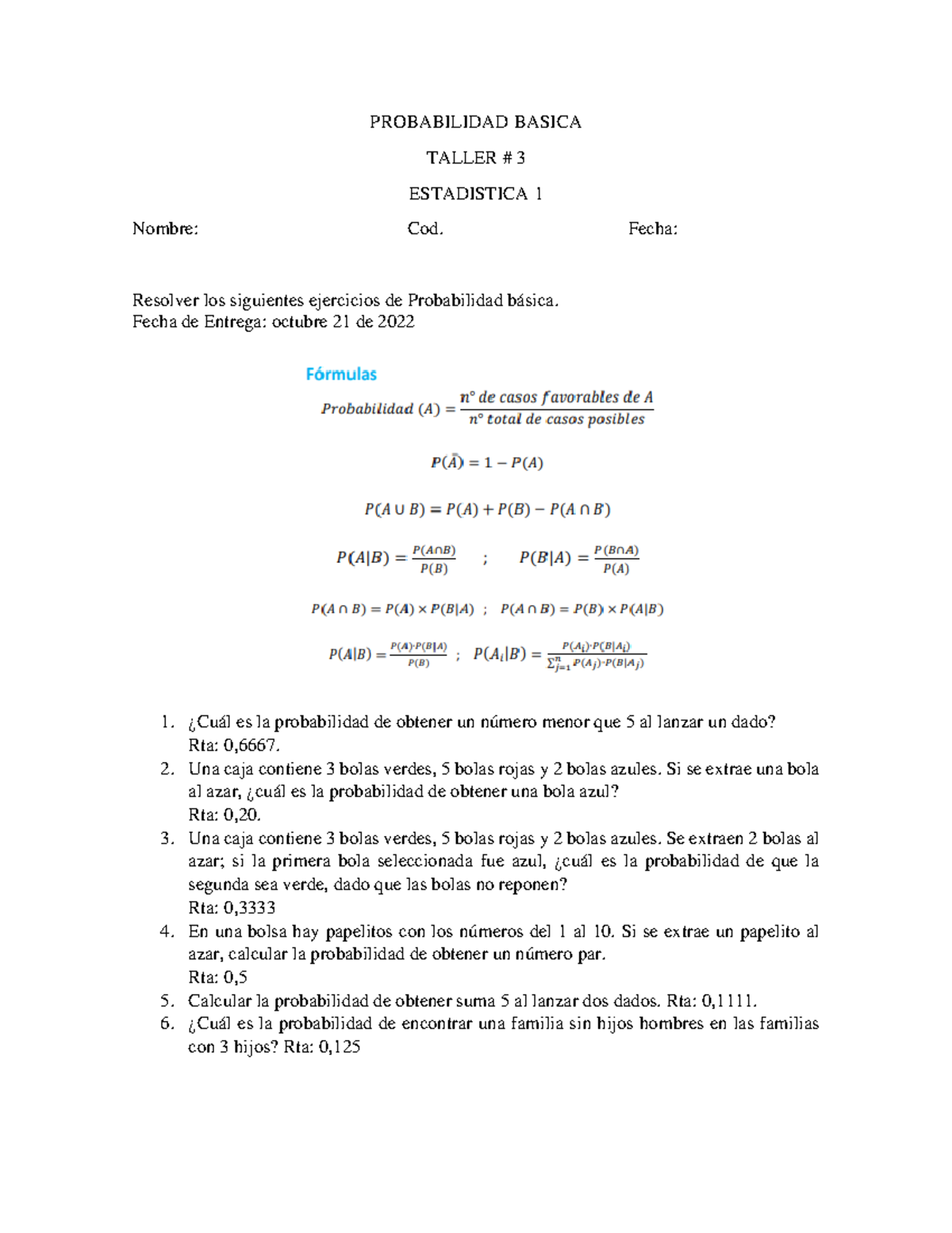 Taller DE Probabilidad Basica - PROBABILIDAD BASICA TALLER # 3 ...