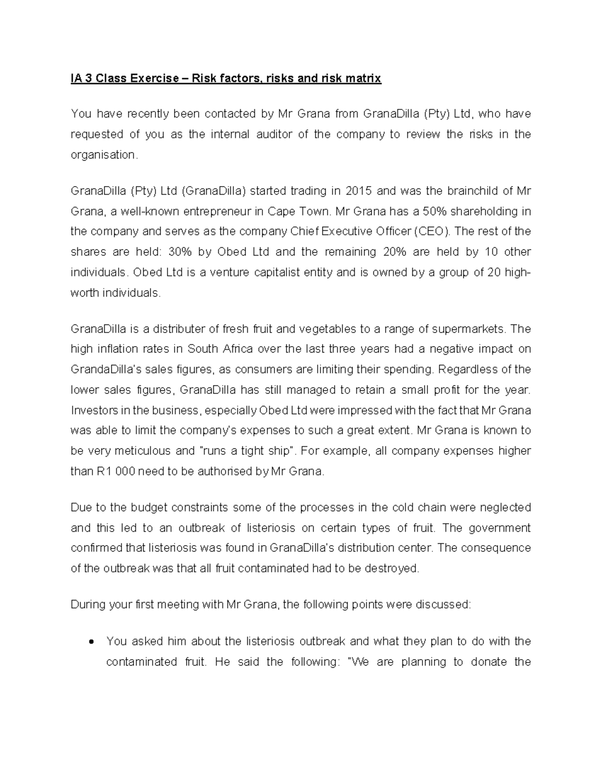 Internal Auditing 3 Class exercise on Risks Granadilla - IA 3 Class ...