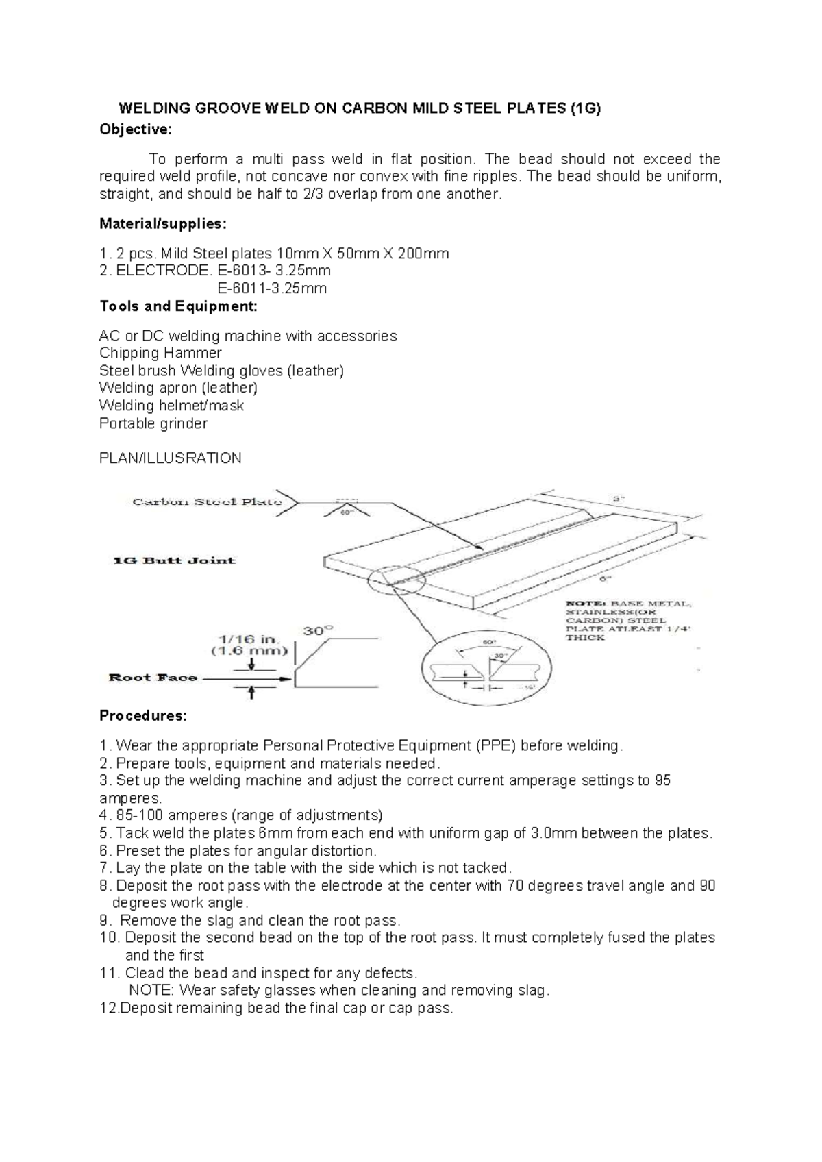JOB PLAN - smaw - WELDING GROOVE WELD ON CARBON MILD STEEL PLATES (1G ...