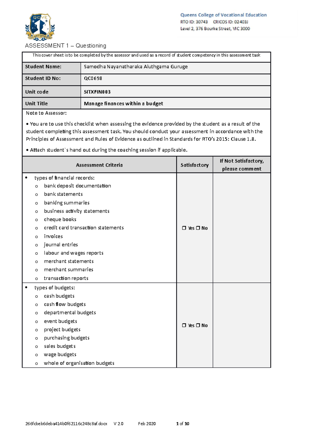 Assessment 1 Sitxfin 003 Manage Finances Within A Budget ASSESSMENT 1