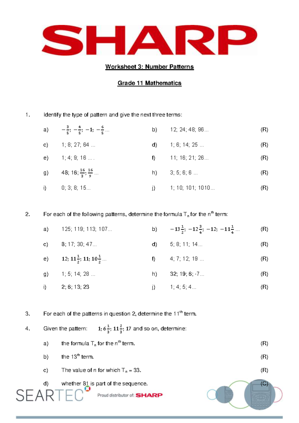 Worksheet 3 Number Patterns Grade 11 Mathematics - Worksheet 3: Number ...