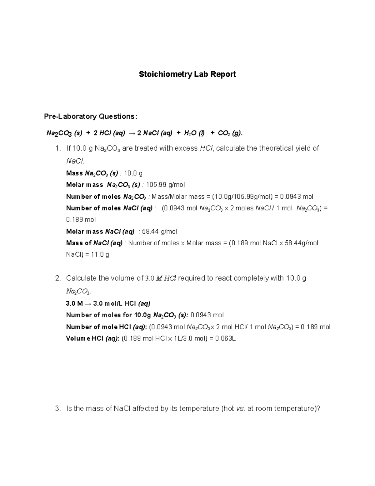 Chemistry lab 1 - Stoichiometry Lab Report - Stoichiometry Lab Report ...