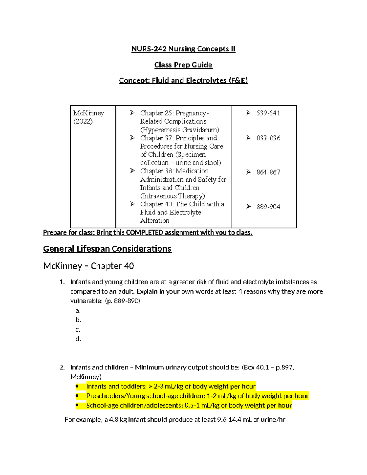 Fluid and Electrolytes Class Prep Guide (Rev - NURS-242 Nursing ...