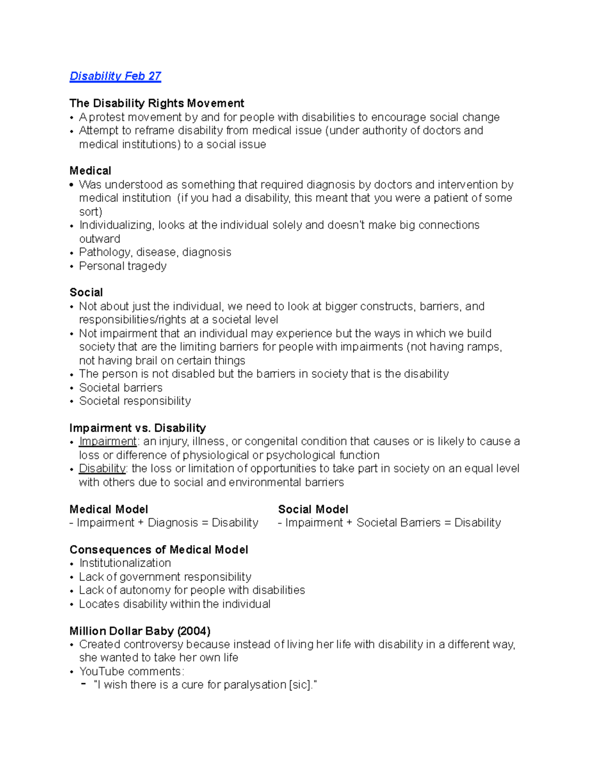 Unit 16 Disability - notes - Disability Feb 27 The Disability Rights ...