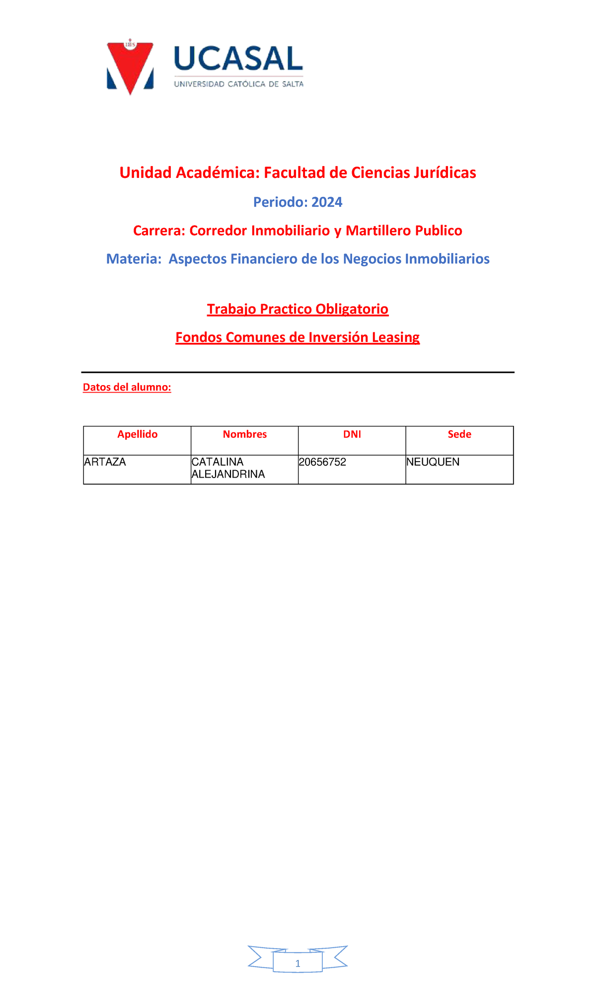Artaza C TP Leasing - Unidad Académica: Facultad de Ciencias Jurídicas ...