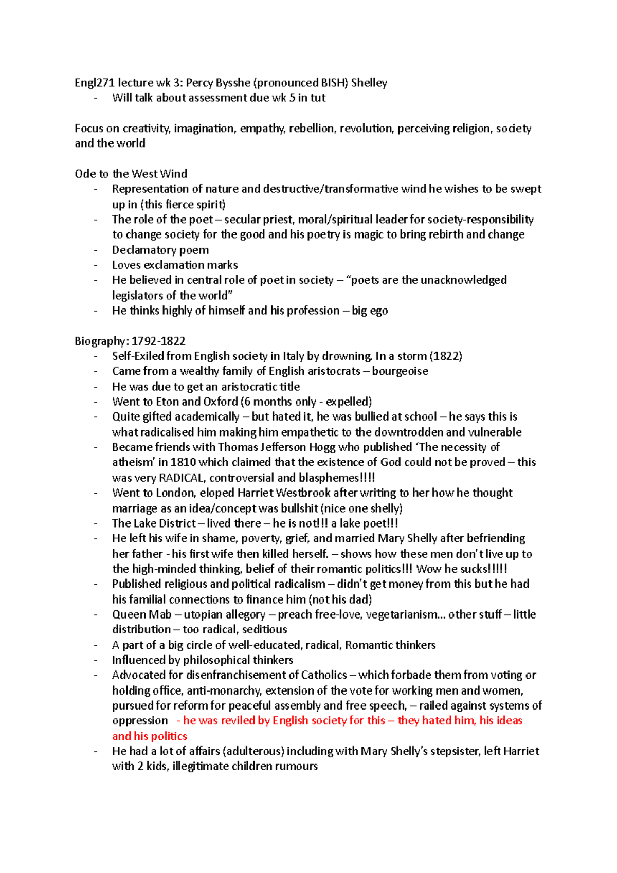 Engl271 Lecture Notes: Percy Shelley - Engl271 lecture wk 3: Percy ...