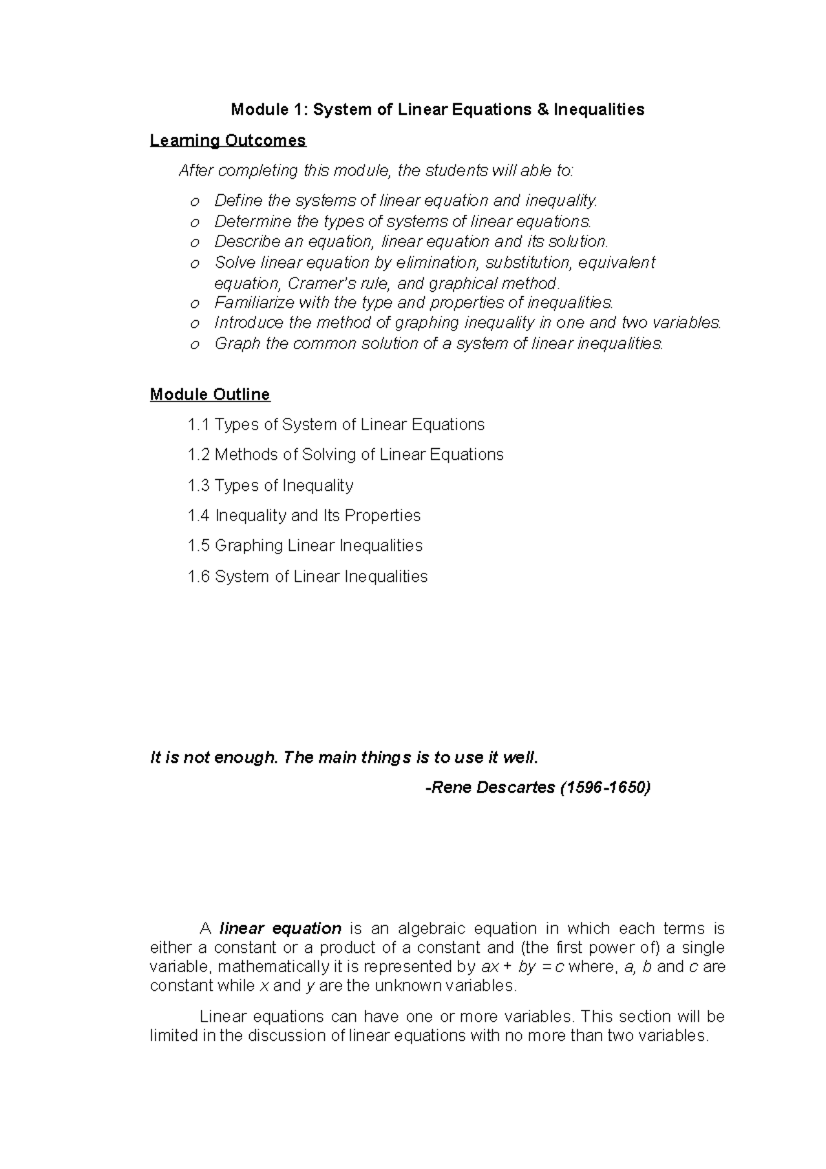 Acctg module 01 ms - Module 1: System of Linear Equations ...