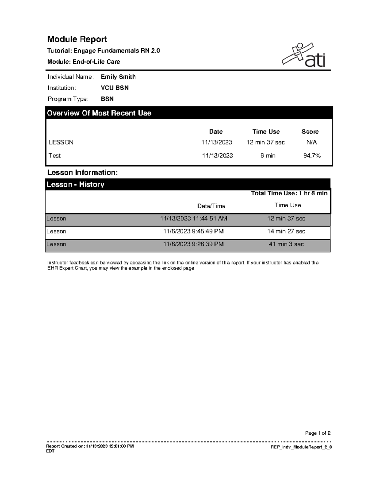 Report - Module Report Lesson Information: Tutorial: Engage ...